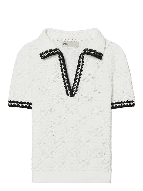 Tory Burch Cotton Pointelle Knitted Polo Shirt - White