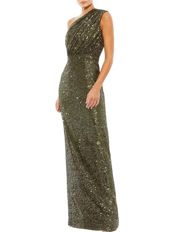 Mac Duggal Sequined Ruched One-shoulder Gown - Olive