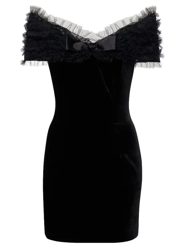 Alessandra Rich Off-shoulder Velvet And Tulle Minidress - Black