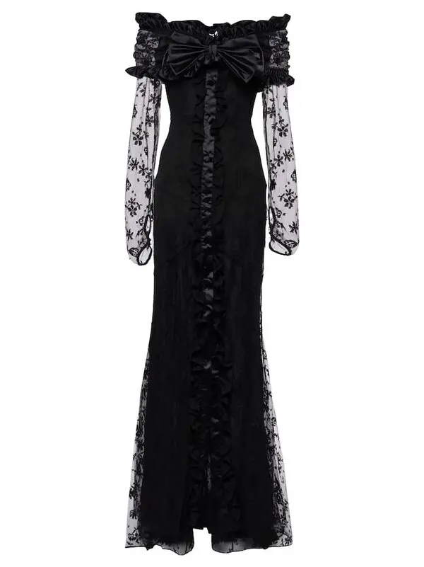 Alessandra Rich Bow-detailed Ruffled Lace Gown - Black