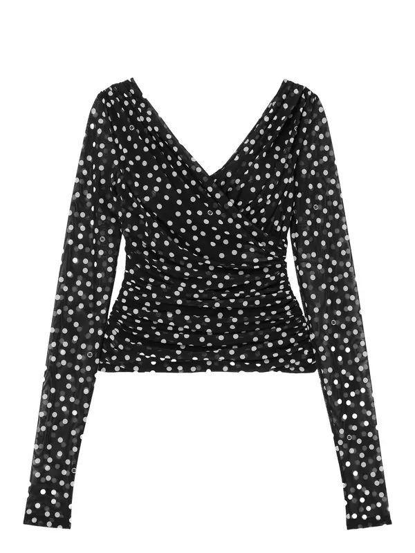 Dolce & Gabbana Ruched Wrap-effect Polka-dot Tulle Blouse - Black