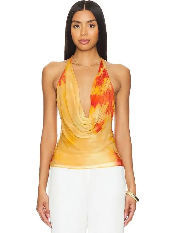 LOVERS AND FRIENDS Halter Neck Top With Draping - Orange Sunset