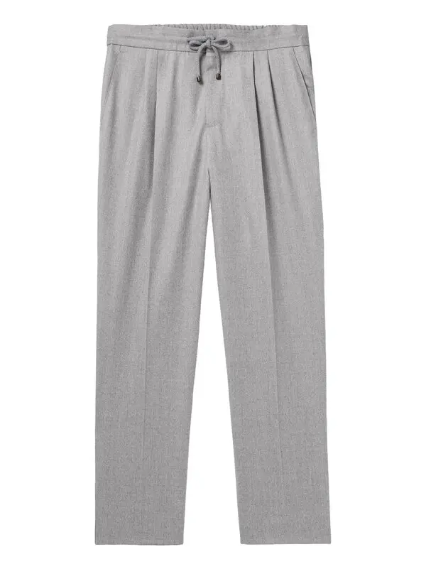 Brunello Cucinelli Tapered Pleated Virgin Wool-flannel Drawstring Trousers - Gray