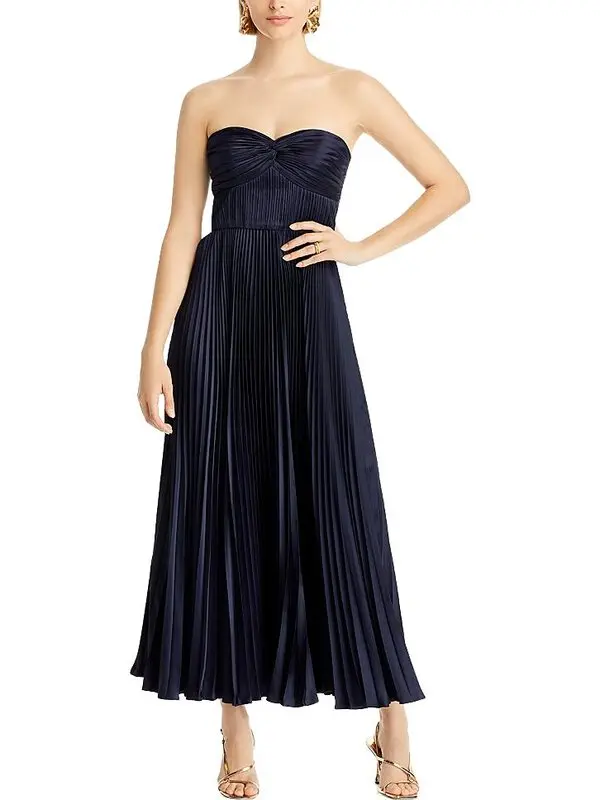 AMUR Ruched Bustier Pleated Dress - Navy