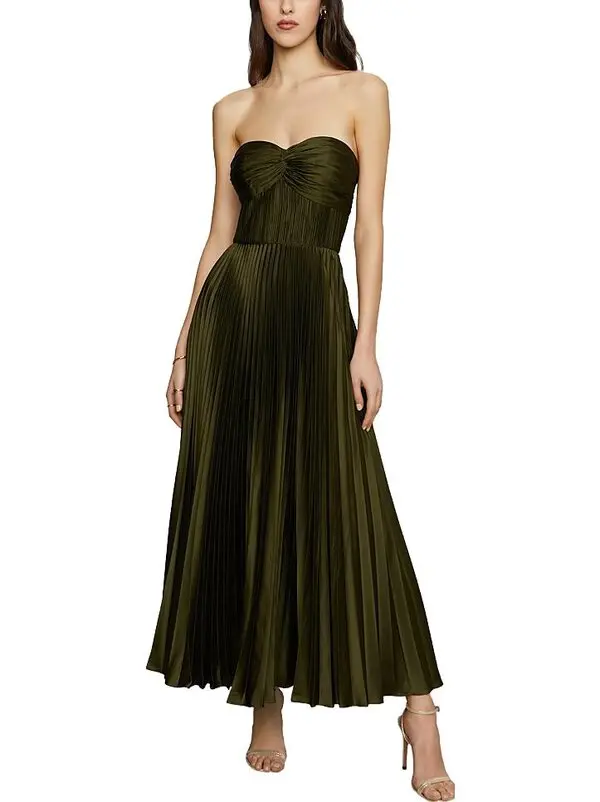 AMUR Strapless Ruched Bustier Pleated Gown - Olive