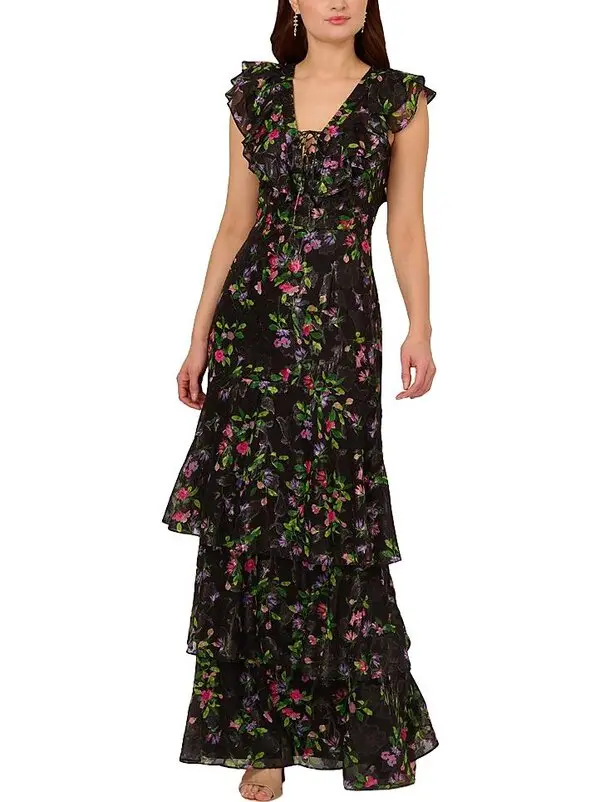 Adrianna Papell Tiered Chiffon Gown - Black Multi