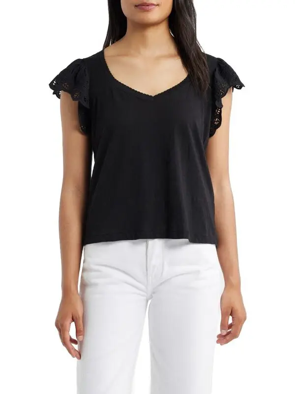 Wit & Wisdom Eyelet Flutter Sleeve Jersey T-shirt - Black/ Black