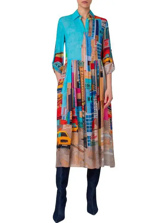 Akris Nyc Paper Collage Print Shirtdress - Blue Multicolor