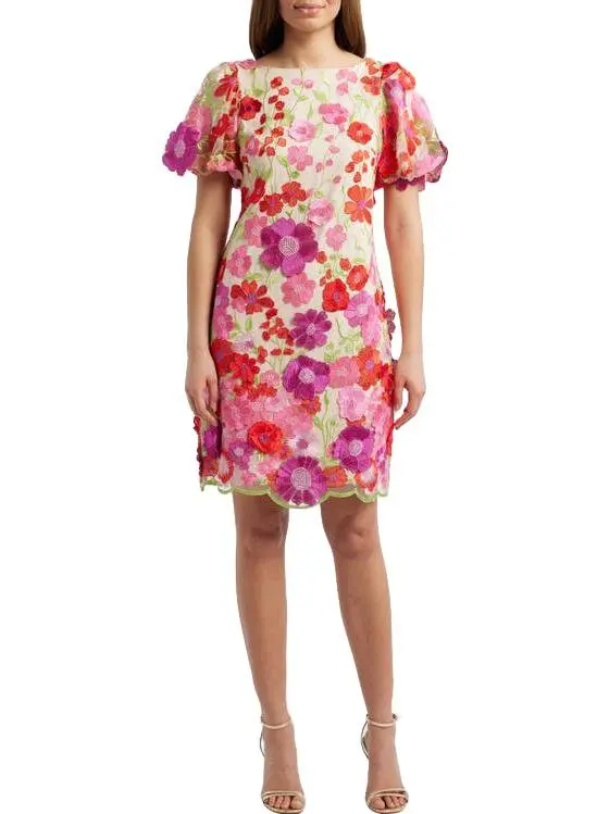 Eliza J Floral Embroidered Puff Sleeve Cocktail Dress - Pink