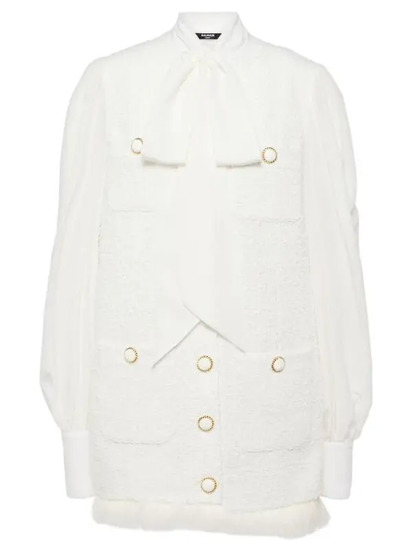 Balmain Bow-detail Cotton-blend Tweed Minidress - White