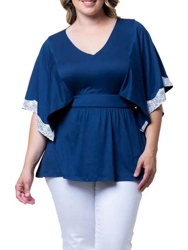 KIYONNA Sarah Lace Trim Top - Marine Navy