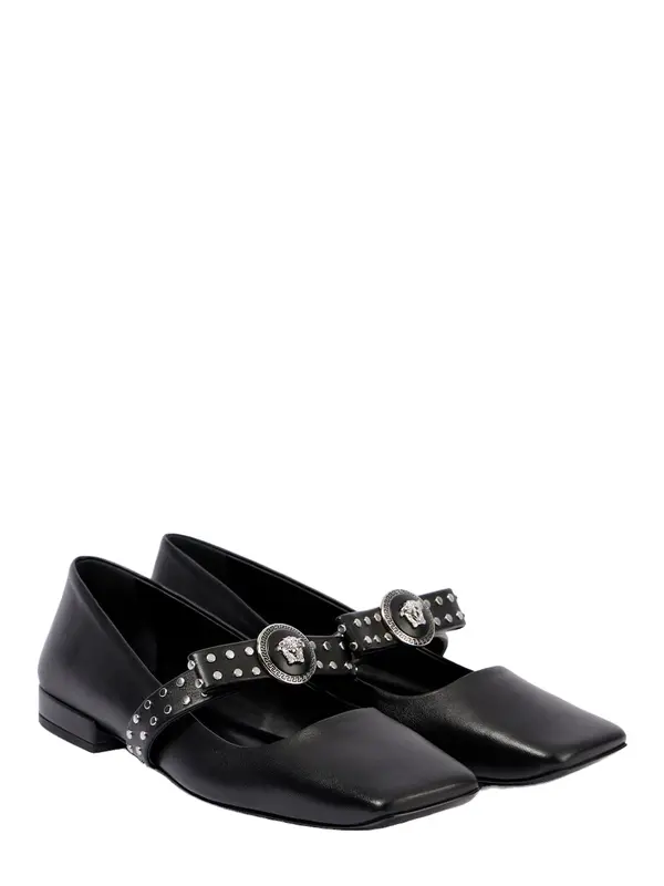 Versace Ribbon Studded Leather Ballerinas - Black