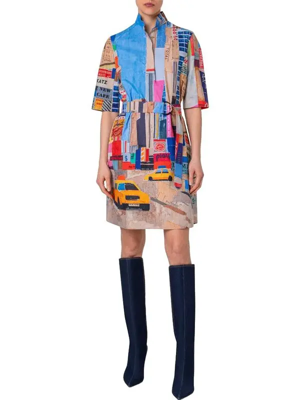 Akris Nyc Paper Collage Print Belted Cotton Poplin Shirtdress - Blue Multi
