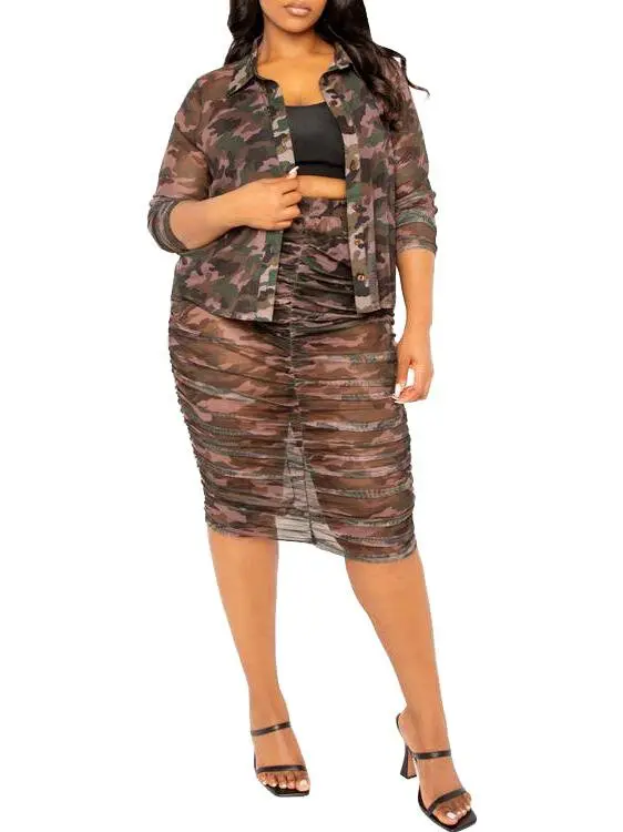 BUXOM COUTURE Camo Semisheer Mesh Shirt And Skirt Set - Green Multi