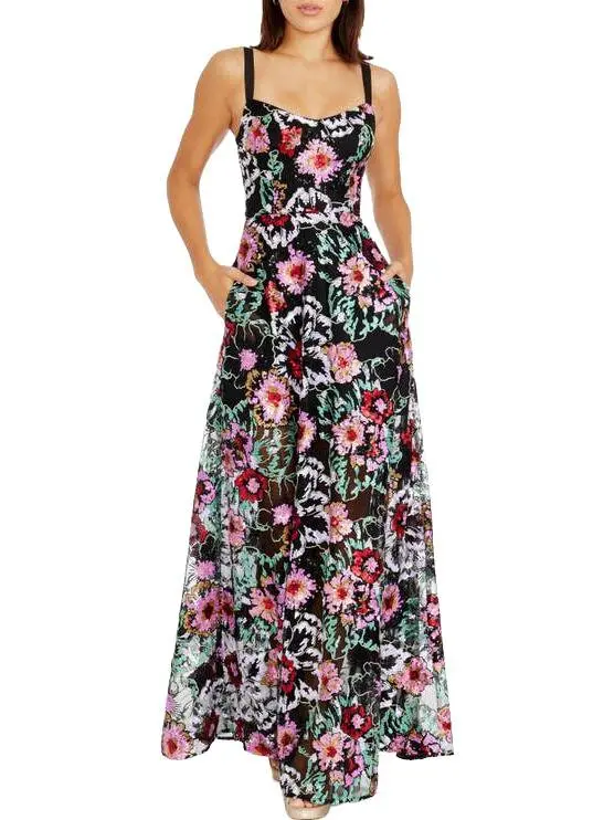 Dress The Population Nina Sequin Floral Gown - Black Multi