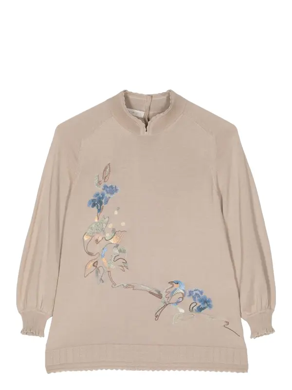Shiatzy Chen Floral-embroidered Split-neck Jumper - Brown