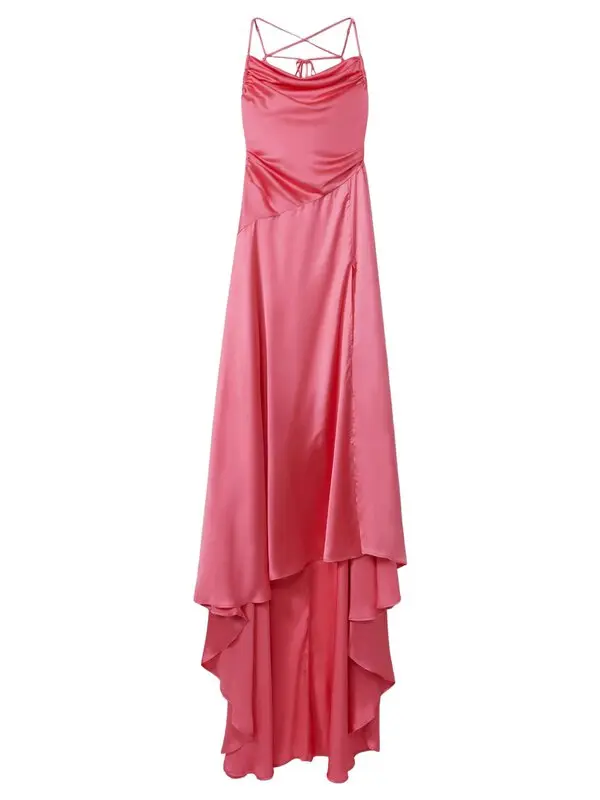 LEO LIN Ruched Cowl Neck Satin Maxi Dress - Watermelon