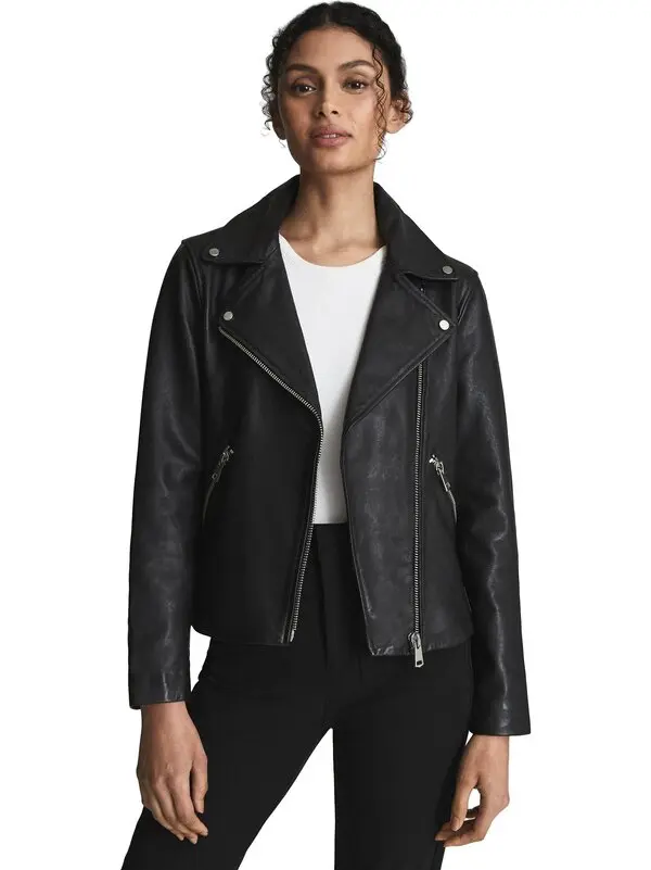 REISS Grays Leather Biker Jacket - Black
