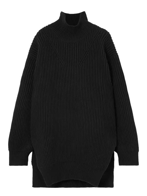 JIL SANDER Oversized Ribbed Wool Turtleneck Sweater - Black