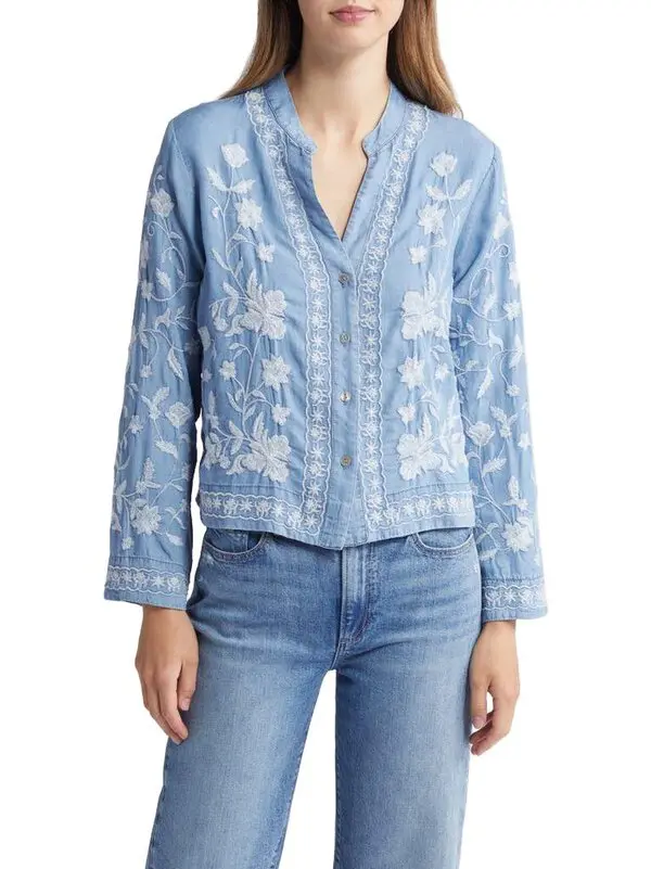 NIKKI LUND Madison Floral Embroidered Chambray Shirt - Blue