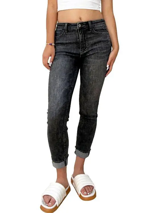 HINT OF BLU Cuffed Crop Skinny Jeans - Dark Cement