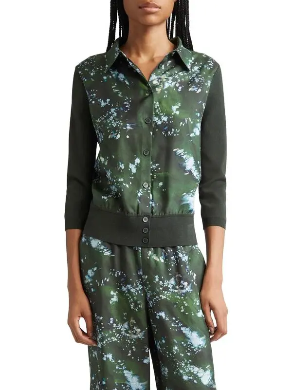 Lafayette 148 New York Tree Print Mixed Media Cardigan - Deep Moss