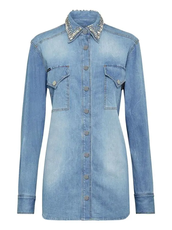Philipp Plein Crystal-embellished Denim Shirt - Blue
