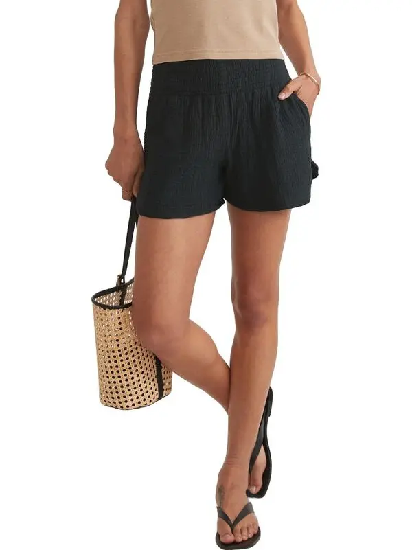 Marine Layer Corinne Smocked Double Cloth Cotton Shorts - Black