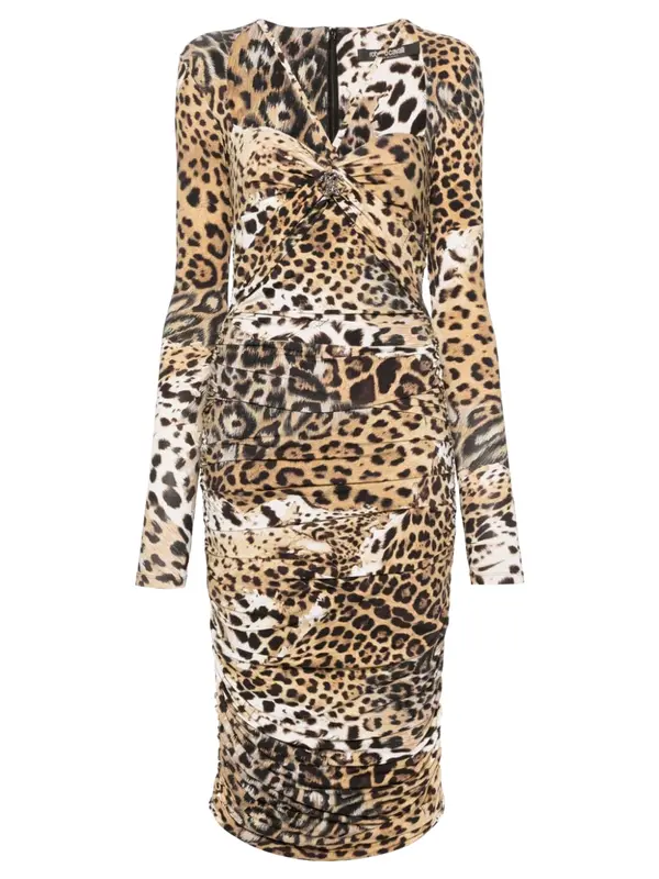 Roberto Cavalli Jaguar Skin-print Ruched Dress - Neutrals