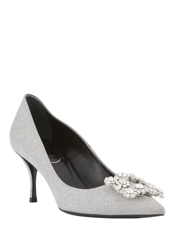 ROGER VIVIER Glitter Fabric Flower-crystal Buckle Pumps - Silver