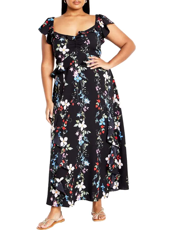City Chic Floral Print Maxi Dress With Frill Detail - Floral Display