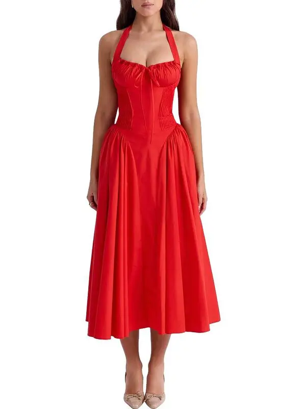 House Of Cb Adabella Halter Neck Midi Dress - Flame Scarlet
