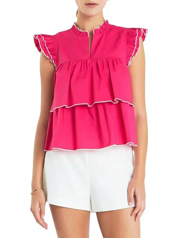 English Factory Ruffle Sleeve Tiered Cotton Top - Fuchsia
