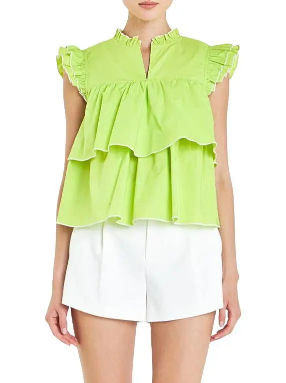 English Factory Ruffle Sleeve Tiered Cotton Top - Lime