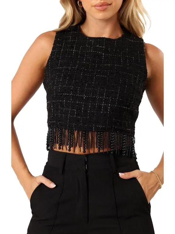 PETAL & PUP Milana Tweed Bead Fringe Sleeveless Top - Black