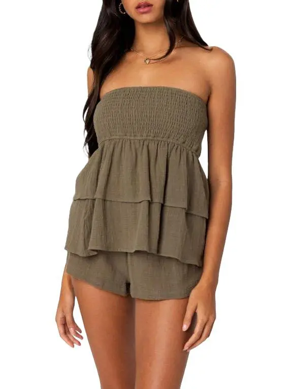 EDIKTED Harleigh Strapless Smocked Top - Olive