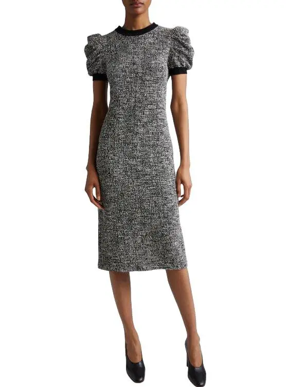 Max Mara Ieti Puff Sleeve Tweed Knit Midi Dress - Vanilla