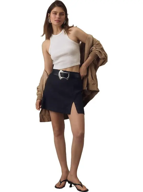 Maeve European Linen Stretch Side Slit Mini Skirt - Black