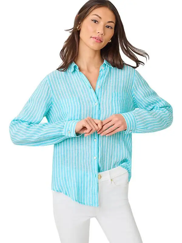 LILLY PULITZER Sea View Linen Shirt - Capri Blue Saint Tropez Stripe
