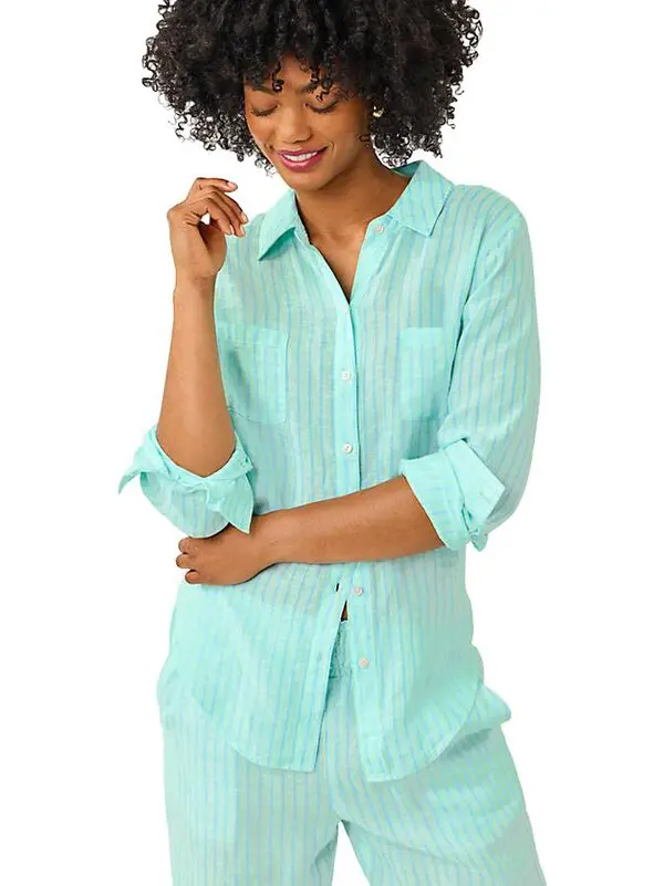 Lilly Pulitzer® Sea View Linen Shirt - Mint Condition X Capri Blue Saint Tropez Stripe