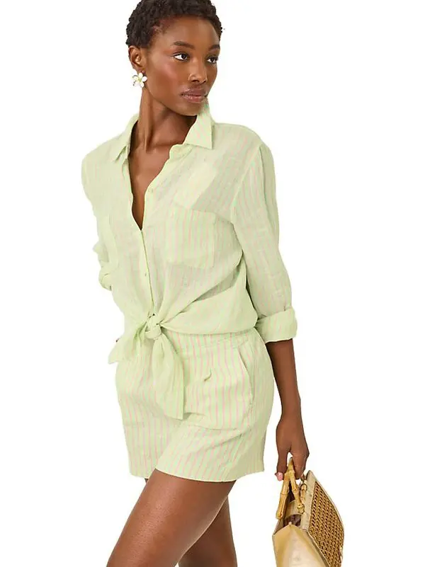 Lilly Pulitzer® Sea View Linen Shirt - Pistachio Macaron X Conch Shell Pink Saint Tropez Stripe