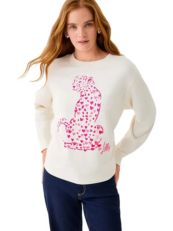 LILLY PULITZER Ballad Cotton Sweatshirt - Coconut Love Cat Embroidery