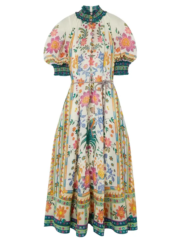 Zimmermann Ginger Swing Belted Floral-print Ramie-voile Maxi Dress - Ecru