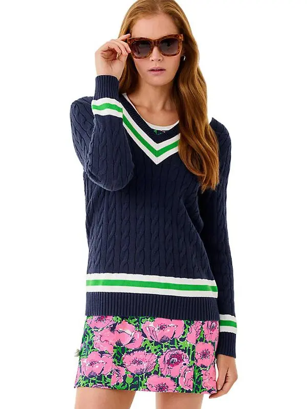 LILLY PULITZER Cable Knit V-neck Cotton Sweater - Low Tide Navy X Jolie Green Tipping