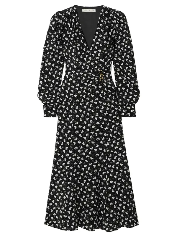 Alessandra Rich Clover Floral-print Silk-crepe Midi Dress - Black