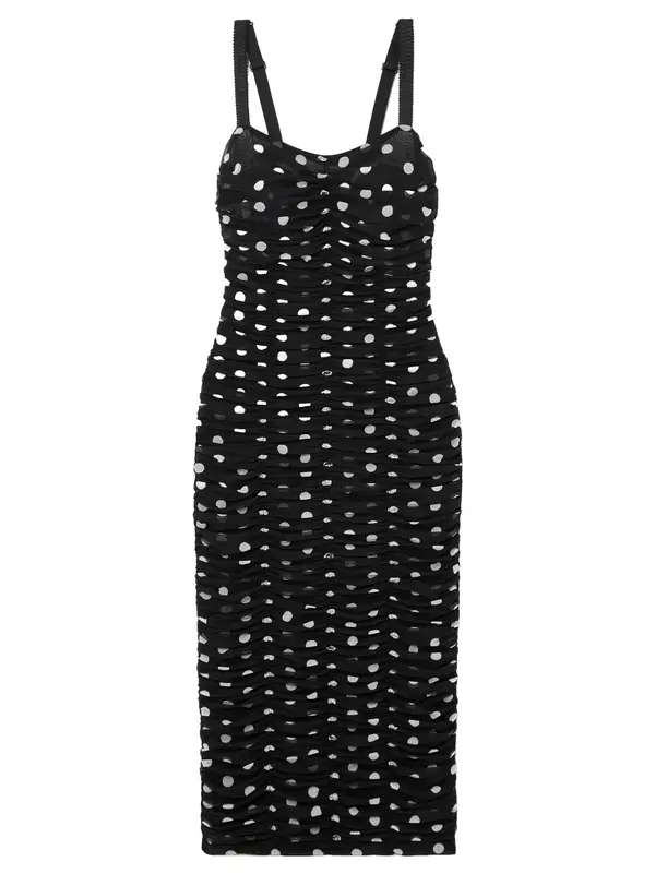Dolce & Gabbana Ruched Polka-dot Tulle Midi Dress - Black