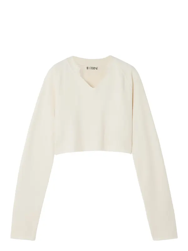 Eterne Cropped Embroidered Cotton-blend Terry Sweater - Cream