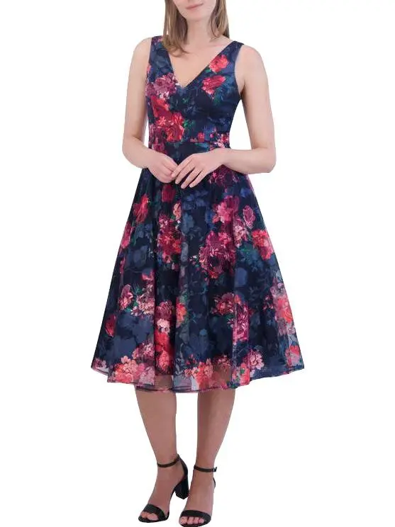 Eliza J Floral Midi Cocktail Dress - Navy Multi
