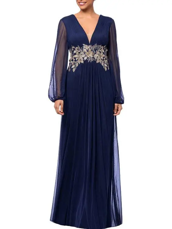 Betsy & Adam Metallic Floral Appliqué Gown With Long Sleeves - Navy/gold