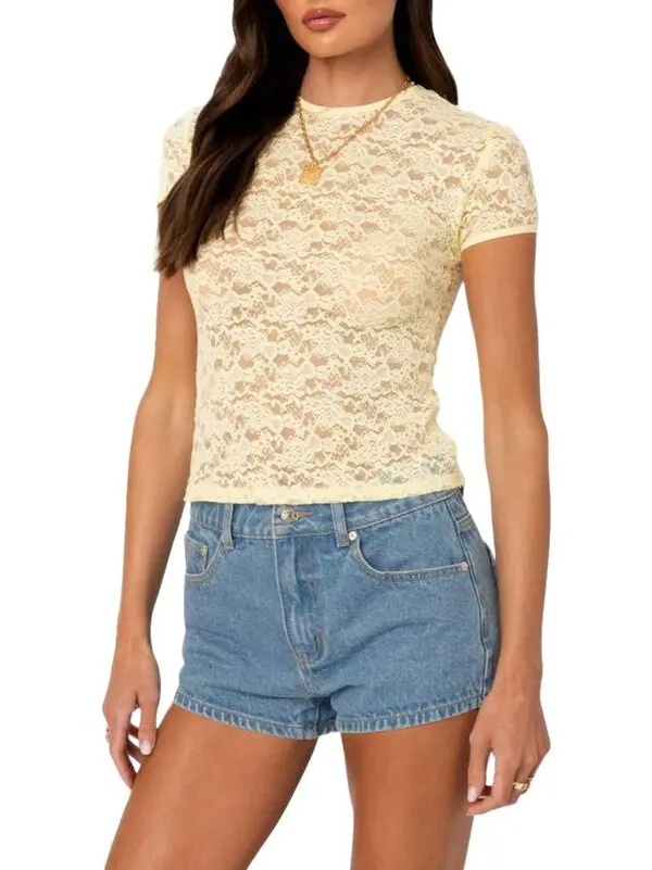 EDIKTED Kaori Sheer Lace T-shirt - Yellow